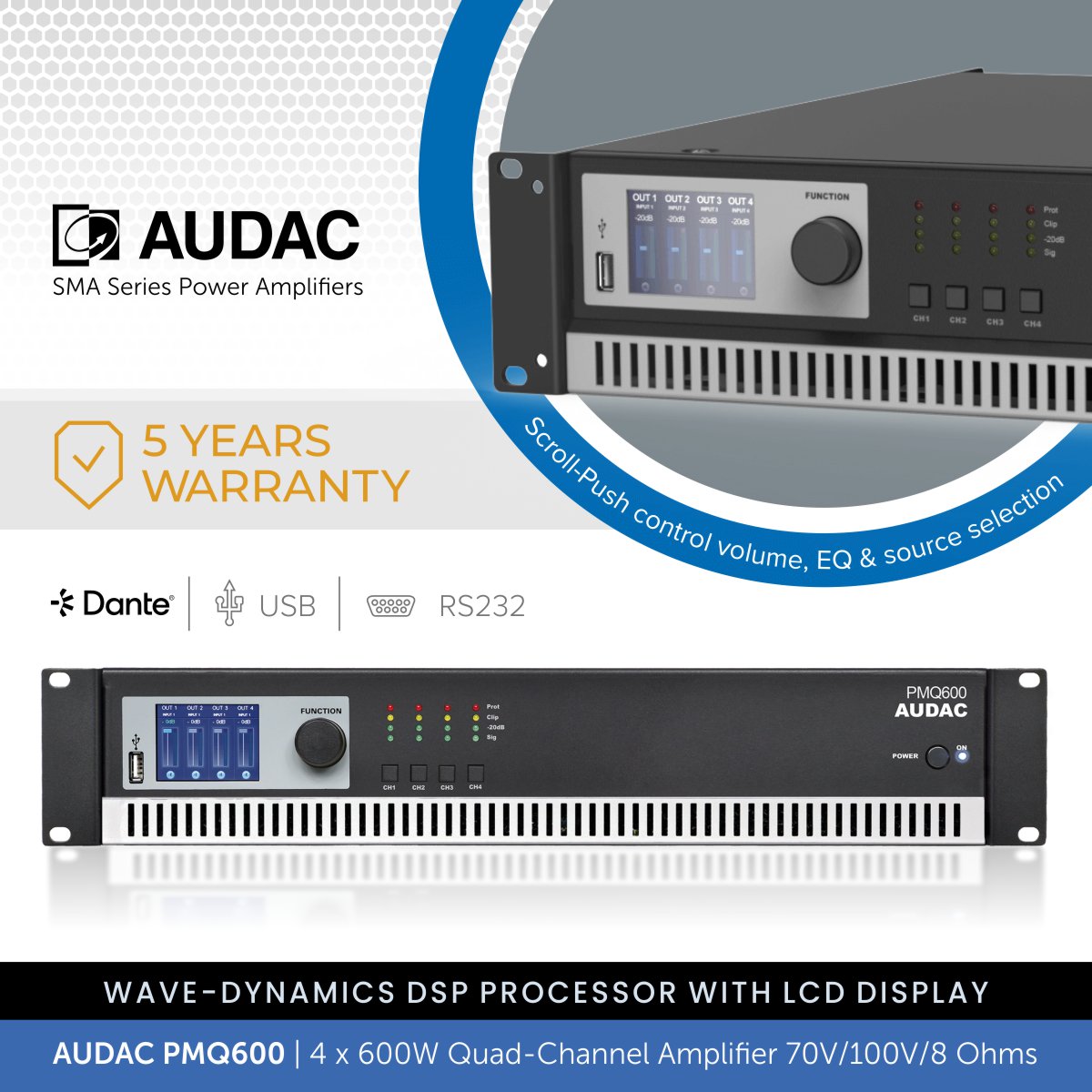 AUDAC PMQ600 4x600W Quad-Channel Power Amplifier 100V/8Ω | Audio Volt