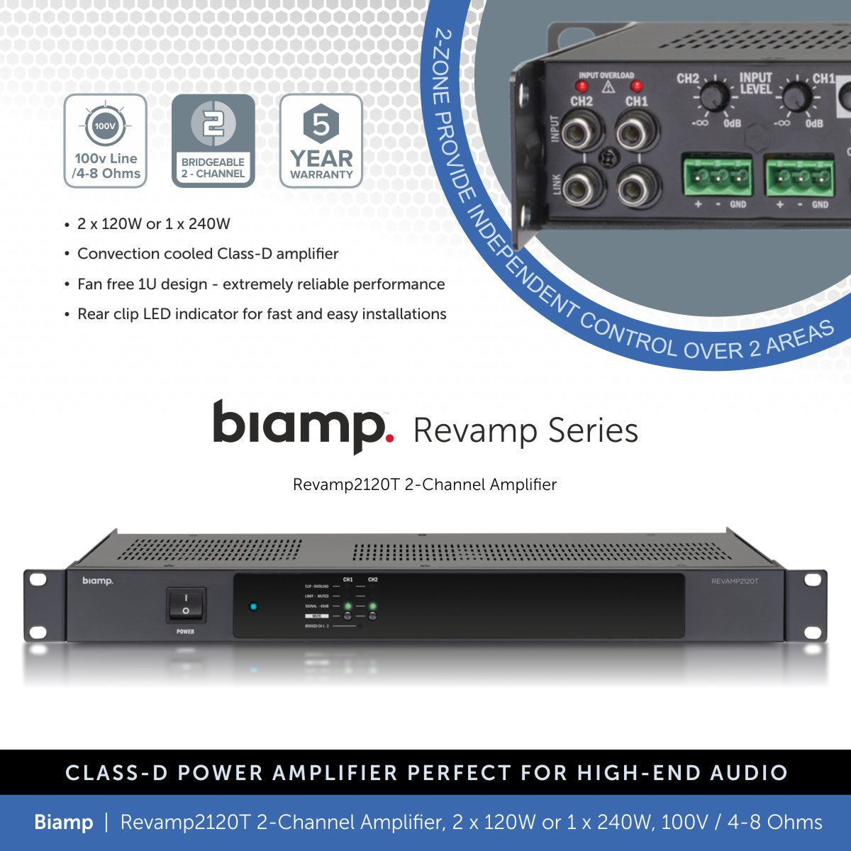 Biamp Revamp2120T 2Ch Power Amplifier, 100V/4-8 Ohms | Audio Volt