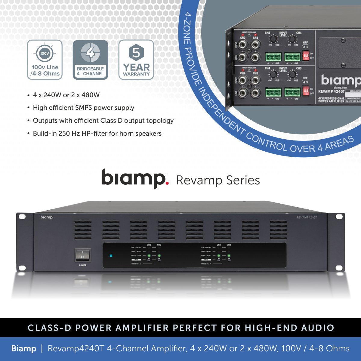 Biamp Revamp4240T 4Ch Power Amplifier, 100V & 4-8 Ohms | Audio Volt