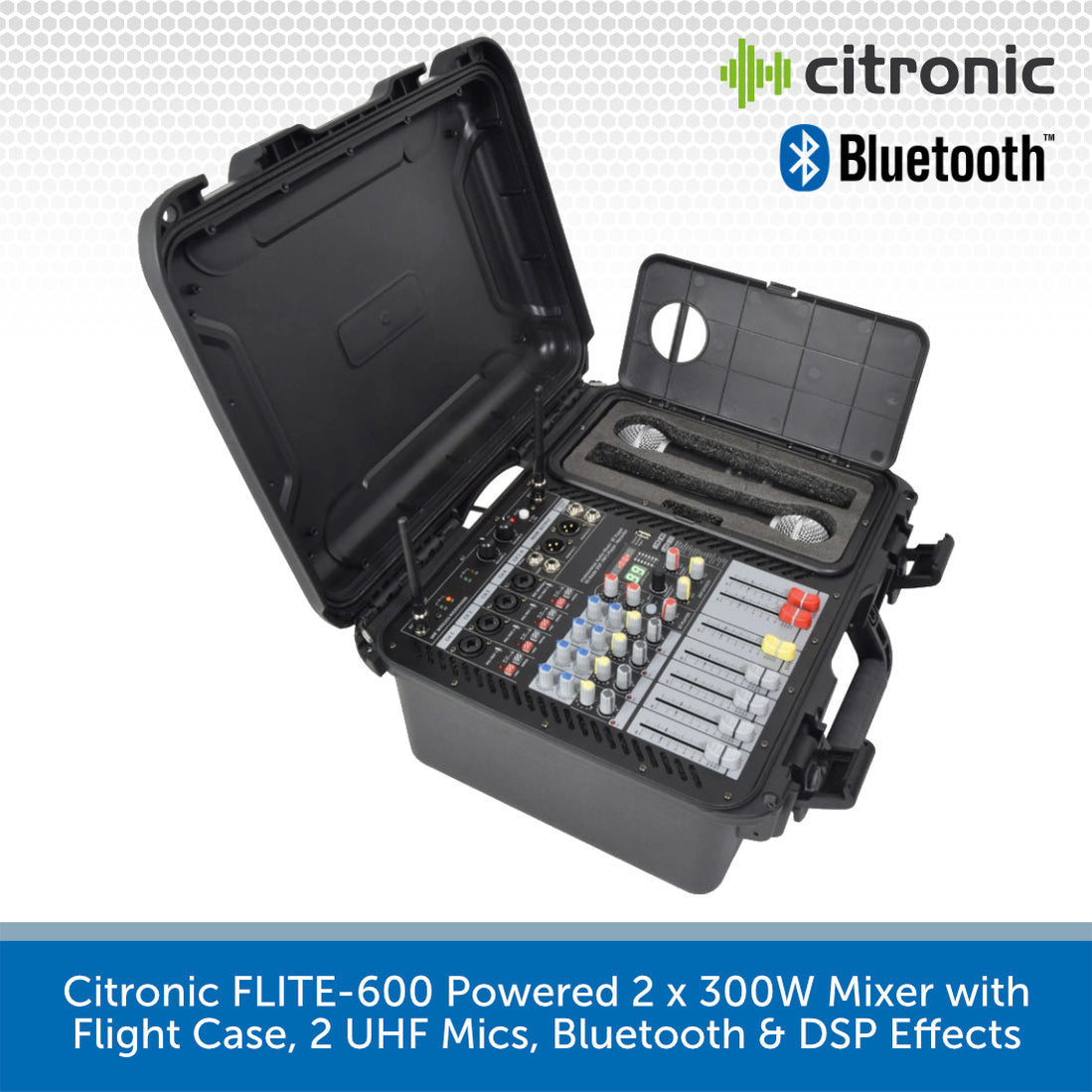 Citronic FLITE-600 Powered 2 x 300W Mixer with FlightCase | Audio Volt