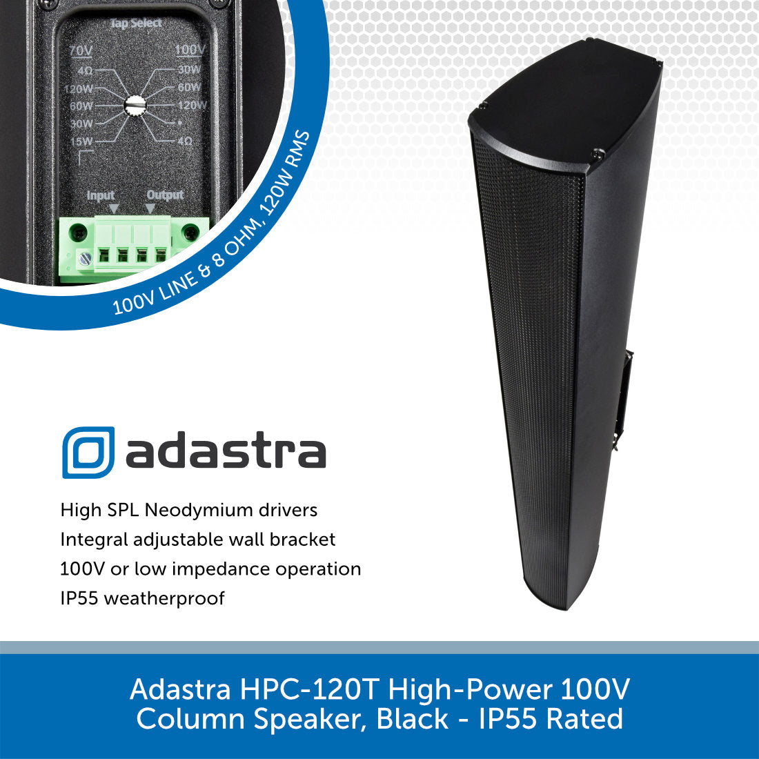 Adastra HPC-120T High-Power 100V Column Speaker Black IP55 | Audio Volt