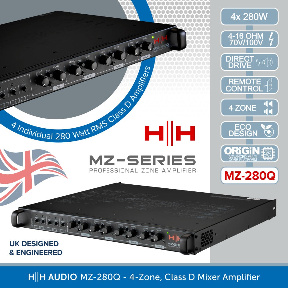 HH Audio MZ-280Q 4-Zone Mixer Amplifier 4x280W, 100V/4Ω | Audio Volt