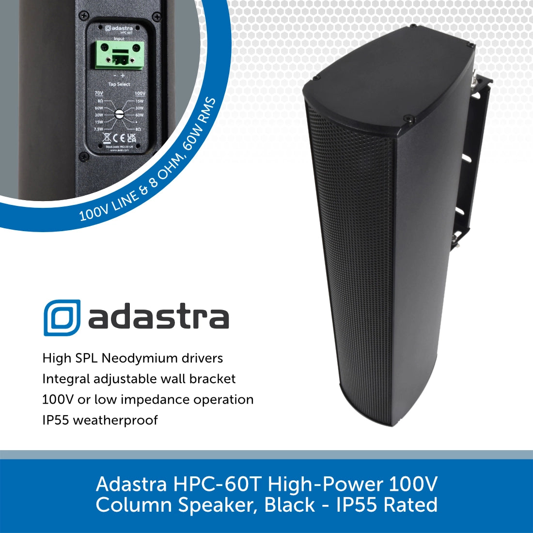 Adastra HPC-60T High-Power 100V Column Speaker Black IP55 | Audio Volt
