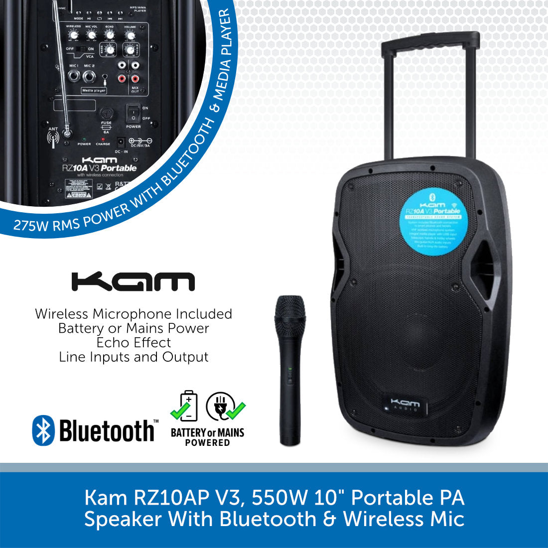 Kam RZ10AP V3 12" 550W Portable Bluetooth PA Speaker | Audio Volt
