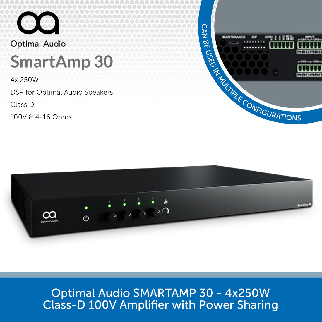 Optimal Audio SmartAmp 30 4x250W 100V Class-D Amplifier | Audio Volt
