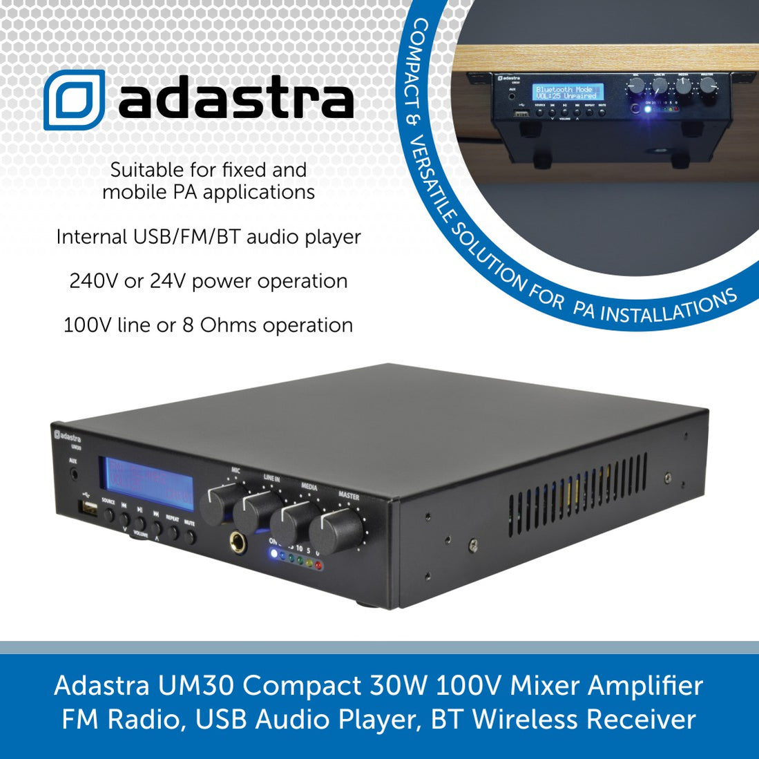 Adastra UM30 Compact 30W 100V Mixer-Amp with BT/FM/USB | Audio Volt