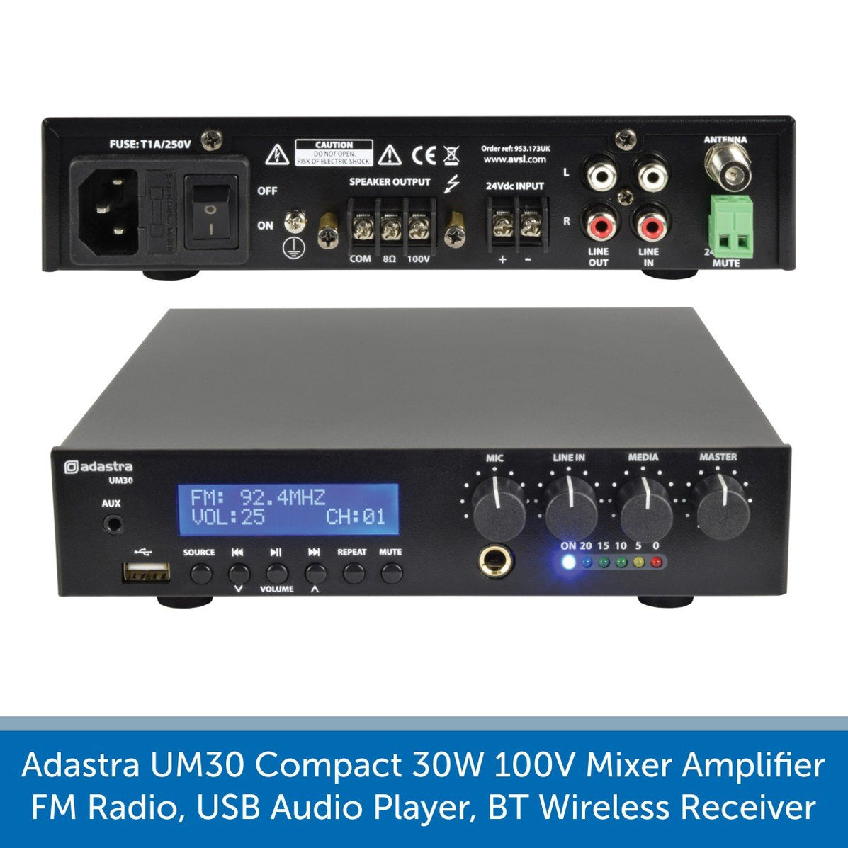 Adastra UM30 Compact 30W 100V Mixer-Amp with BT/FM/USB | Audio Volt