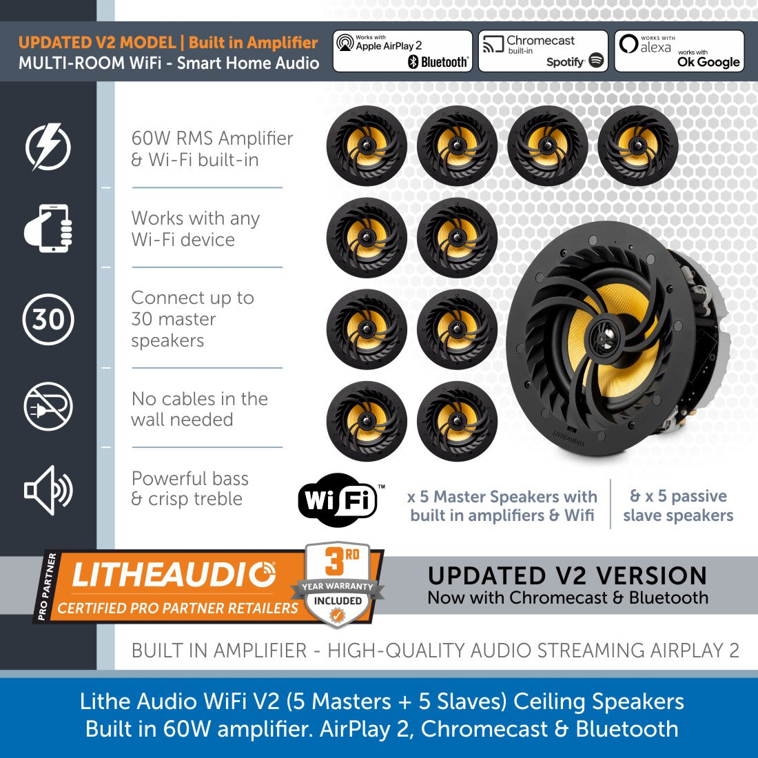 Lithe Audio WiFi Ceiling Speaker Multi Room Pack, 10 Pack | Audio Volt