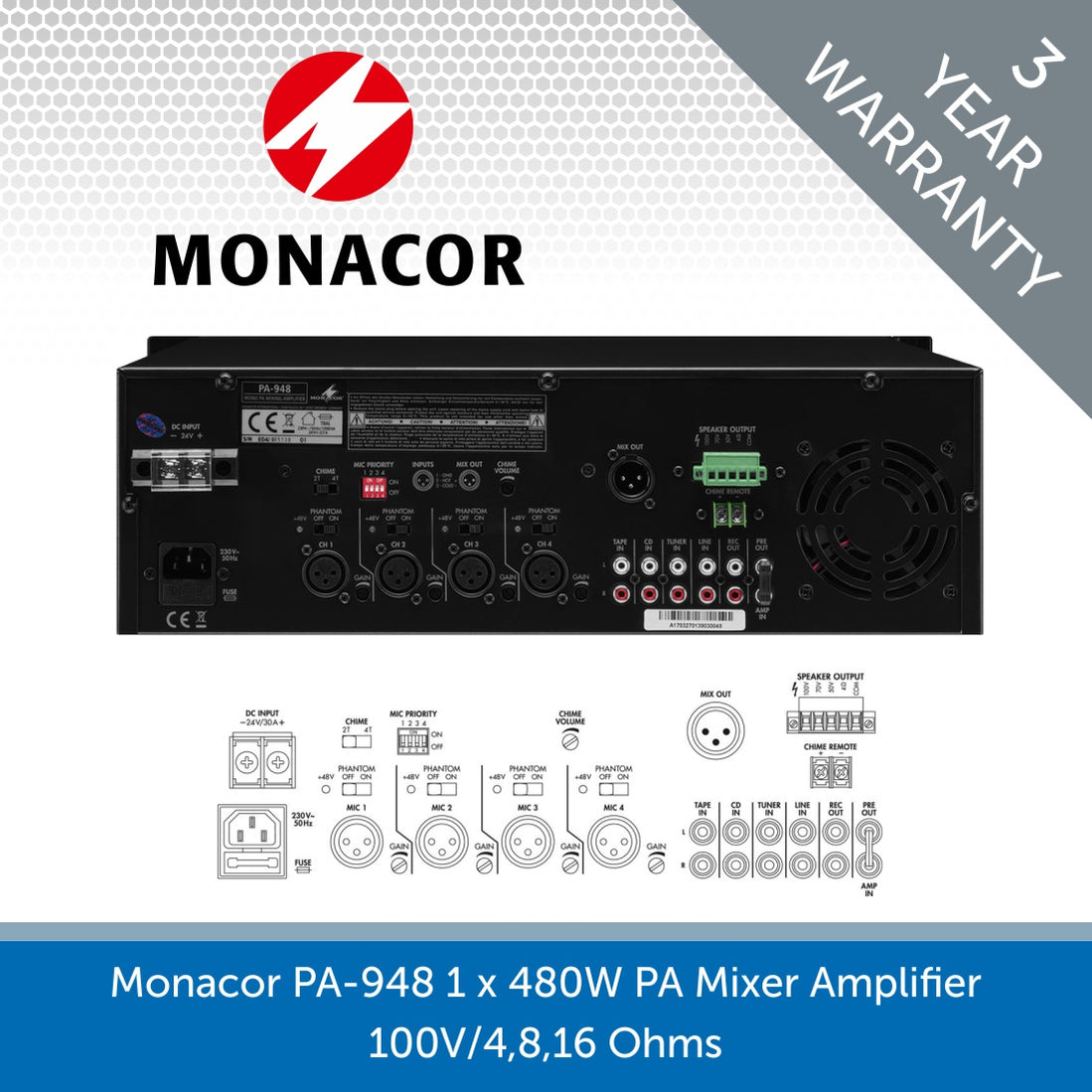 Monacor PA-948 1 x 480W PA Mixer Amplifier | Audio Volt