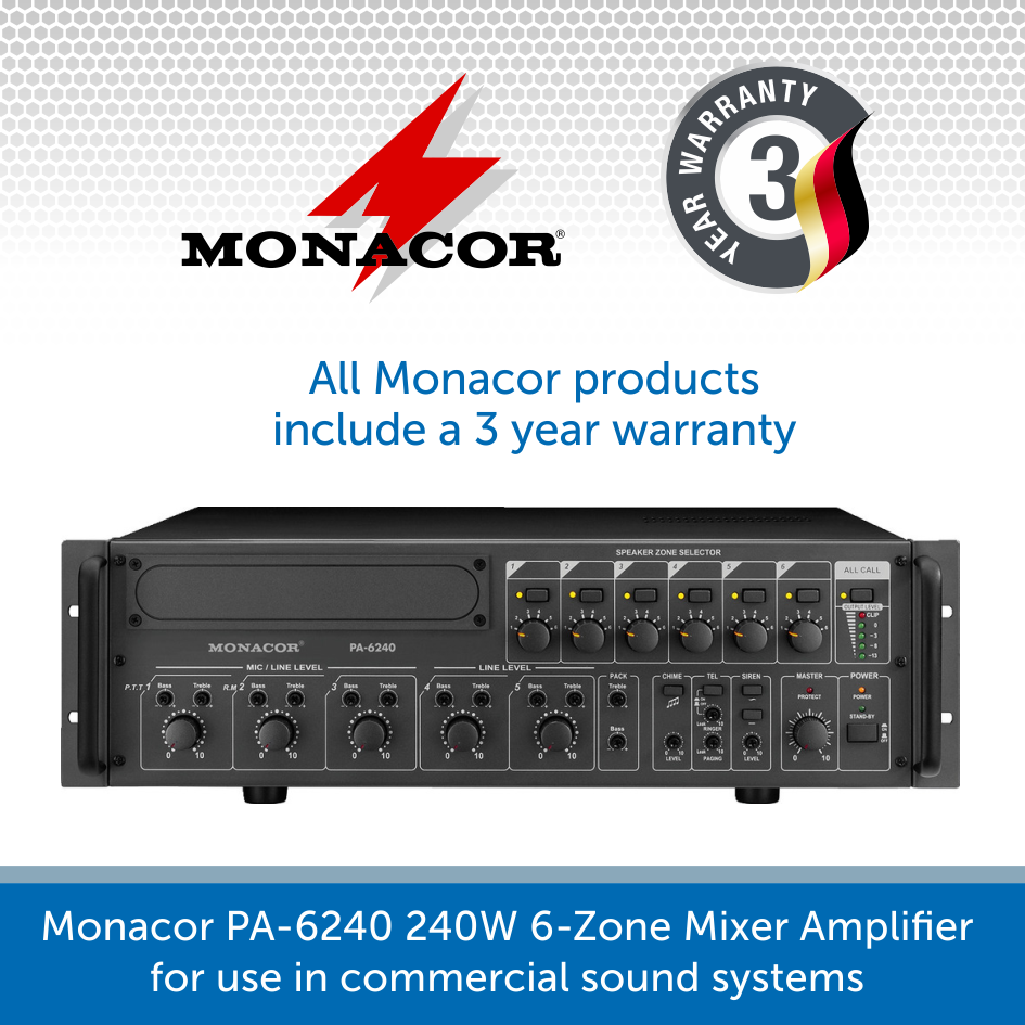 Monacor PA-6240 240W 6-Zone 100V Line Mixer Amplifier | Audio Volt