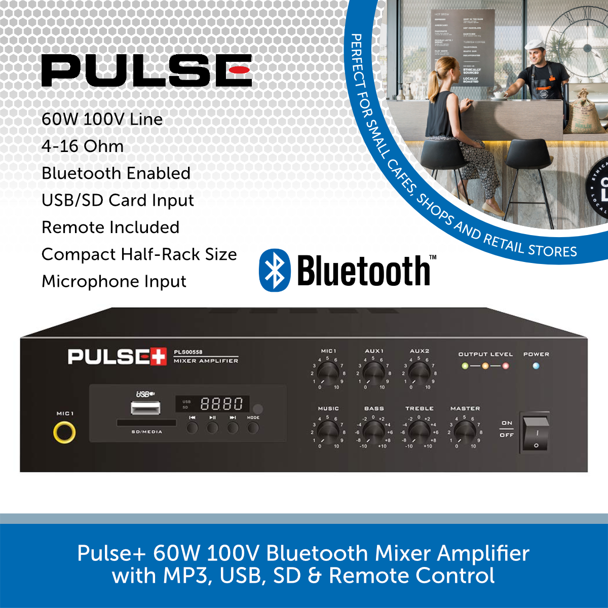 Pulse+ PLS00558 60W 100V Mixer Amplifier Bluetooth & MP3 | Audio Volt